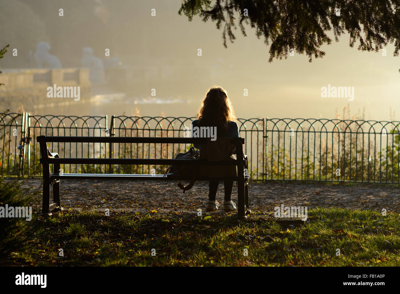 Girl on park bench, silhouette, Nottingham, England Stock Photo - Alamy