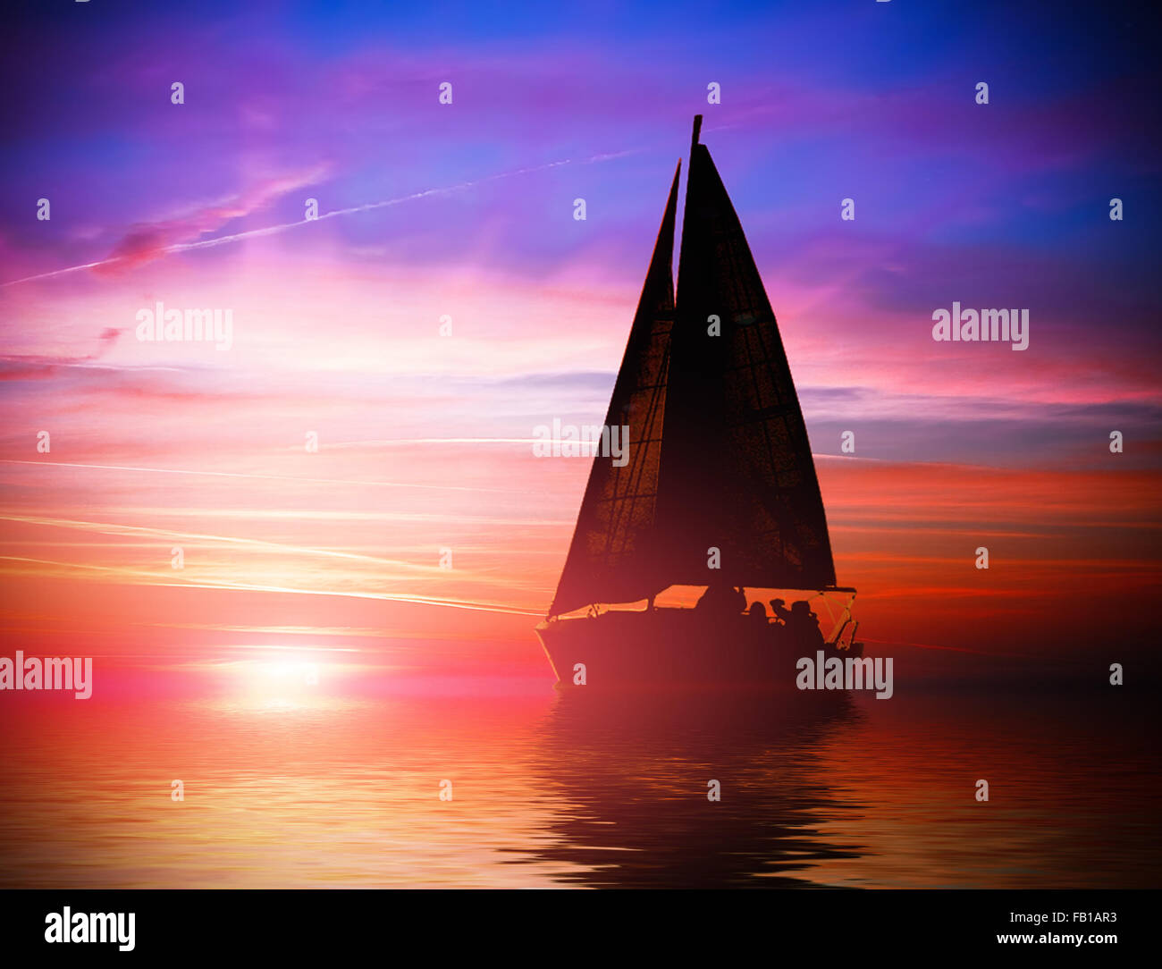 Small sailing yacht floating on horizon line Stock Photo - Alamy