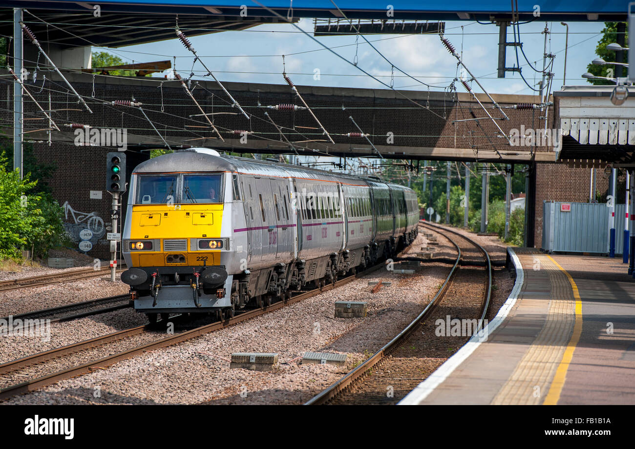 High speed train in East Coast trains livery travelling at speed in the ...