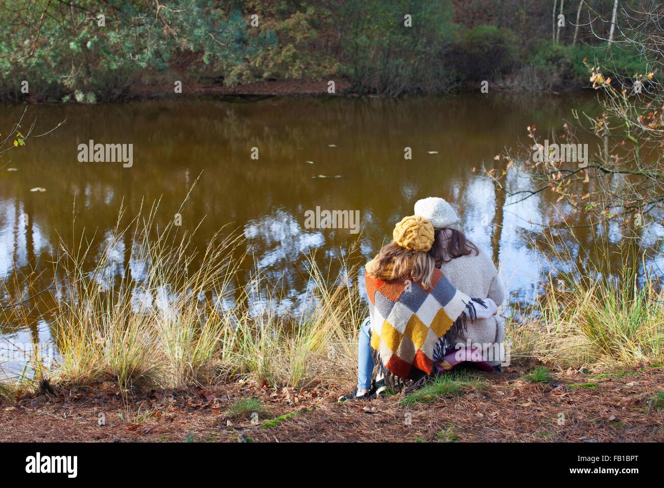Rear view of teenage girl sitting on river bank side by side hugging ...