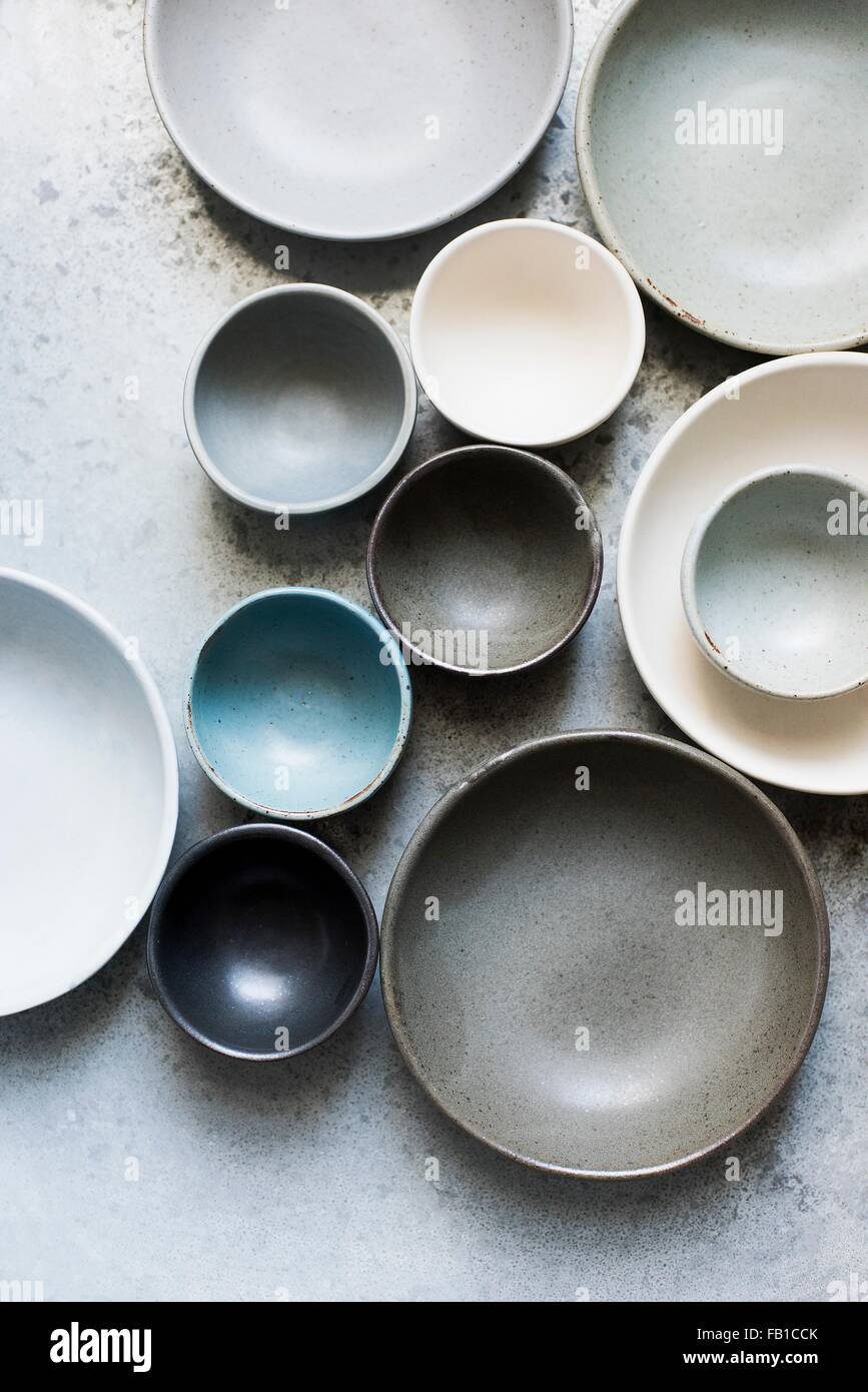 Overhead view of various sized ceramic bowls Stock Photo - Alamy