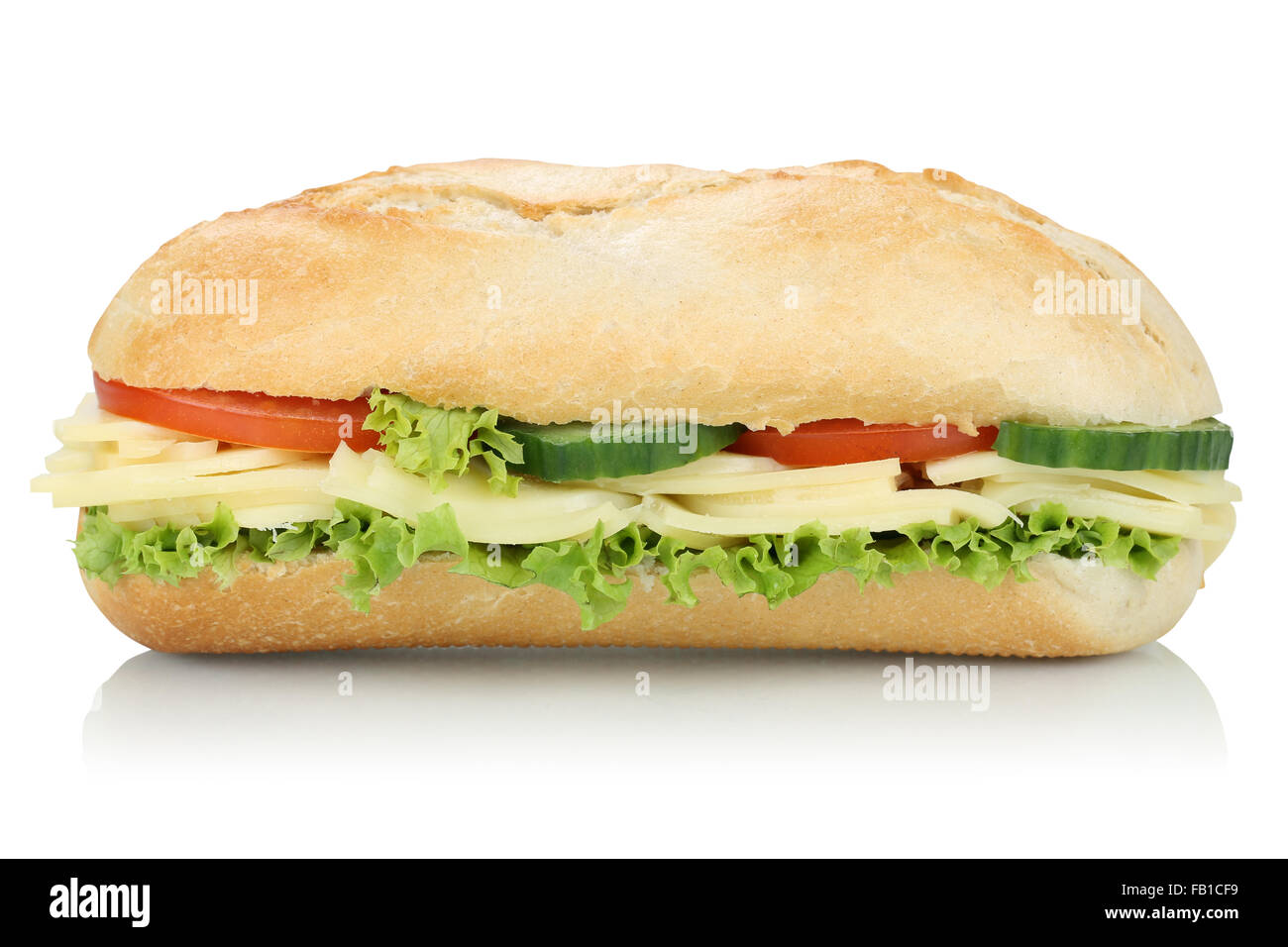 Sub deli sandwich baguette with cheese, tomatoes and lettuce side view ...