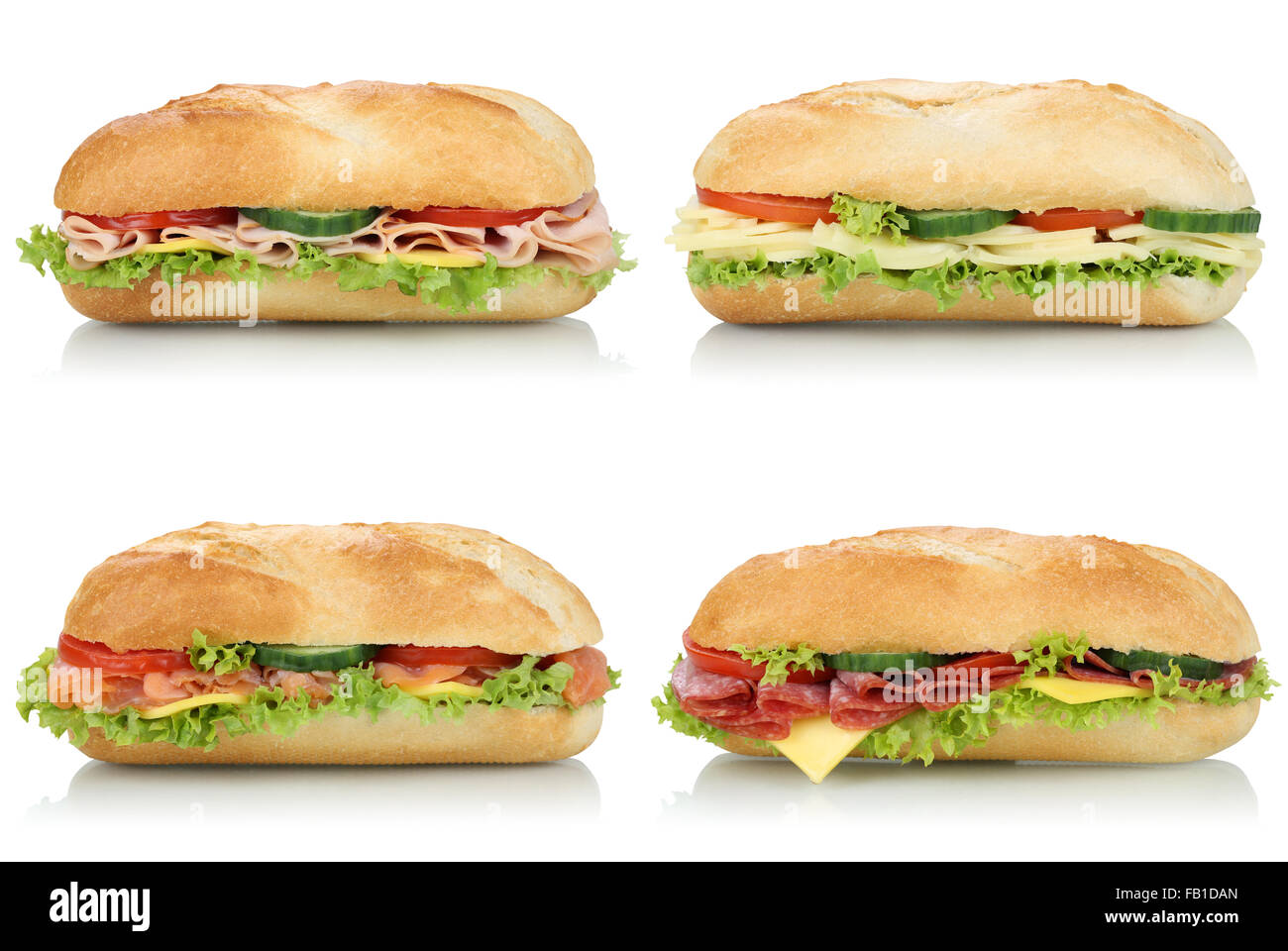 Collection of sub deli sandwiches baguettes with salami, ham and cheese ...