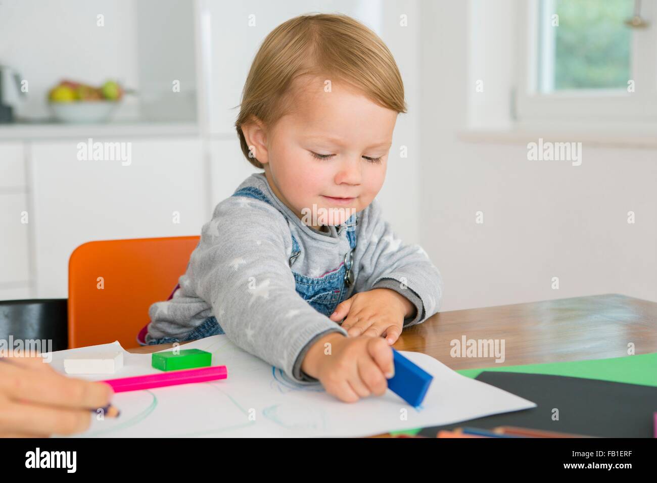 Female toddler using eraser whilst drawing at kitchen table Stock Photo ...