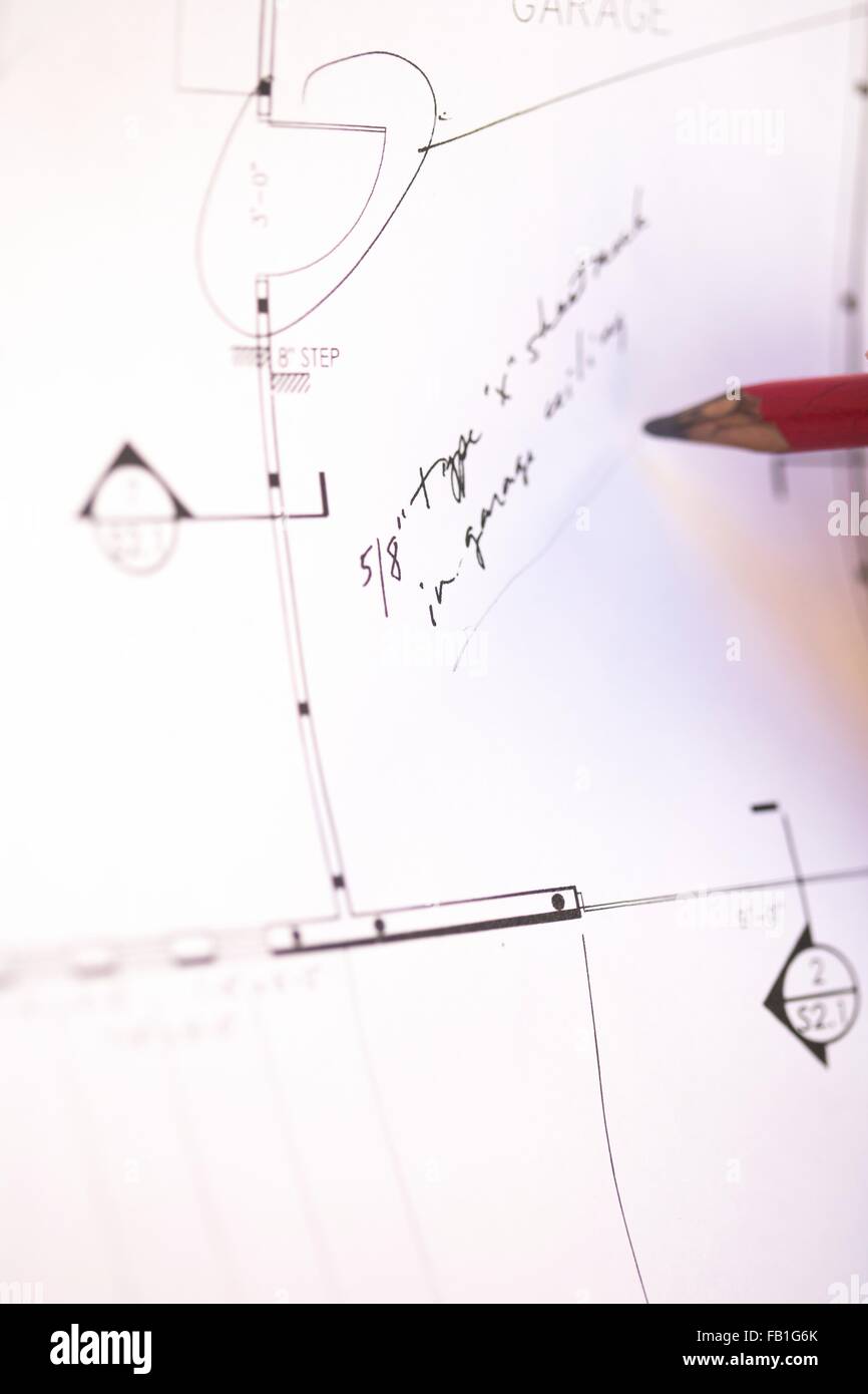 Blueprints to home with written notes, close-up Stock Photo - Alamy