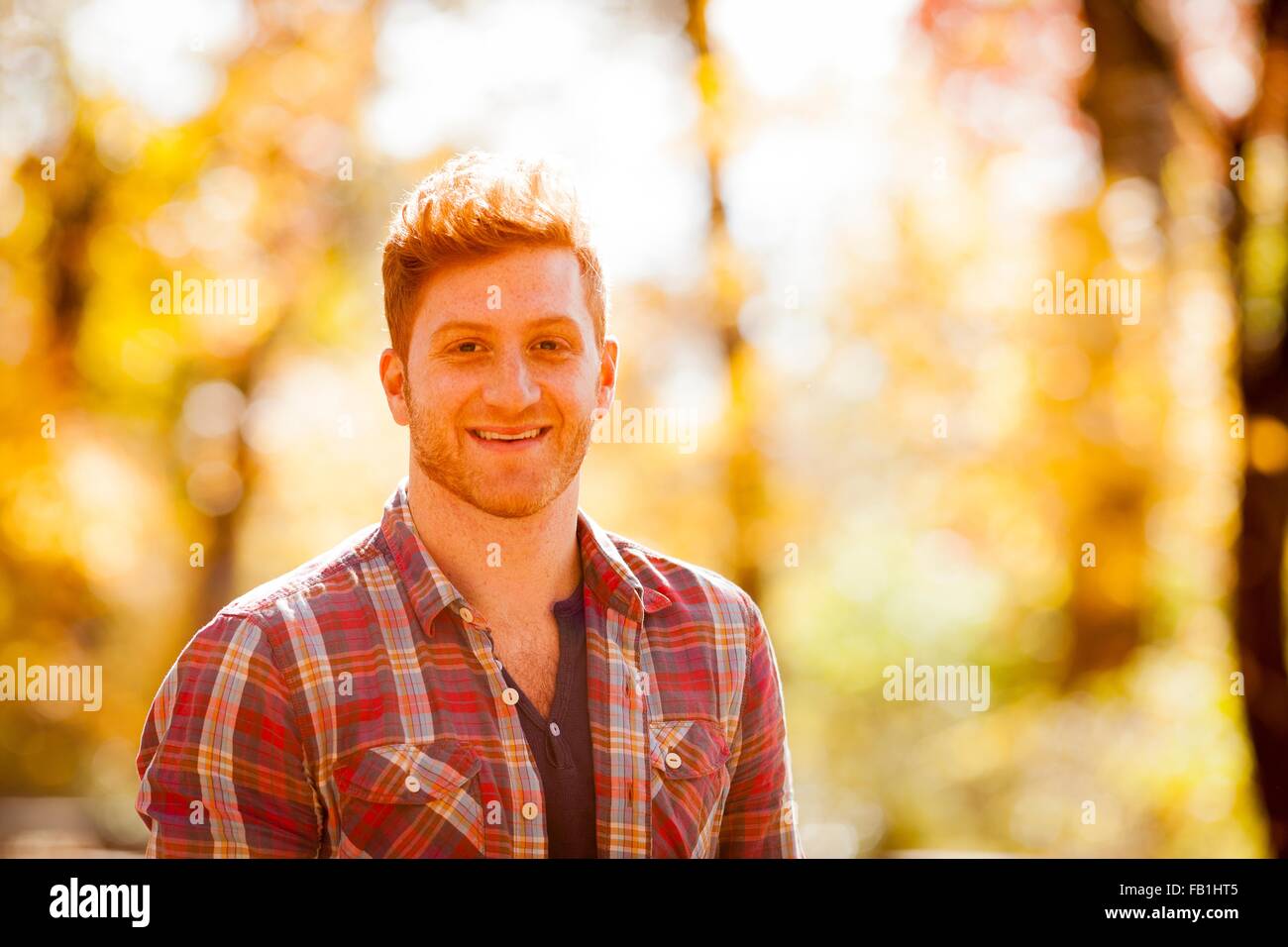 Sunlit portrait of red haired young man in forest Stock Photo - Alamy