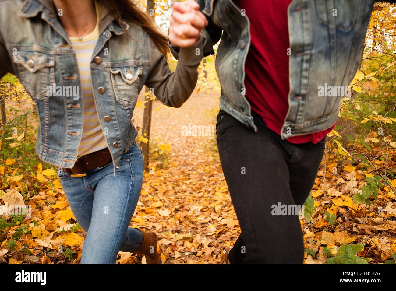 Cropped shot of romantic young couple running through autumn forest ...