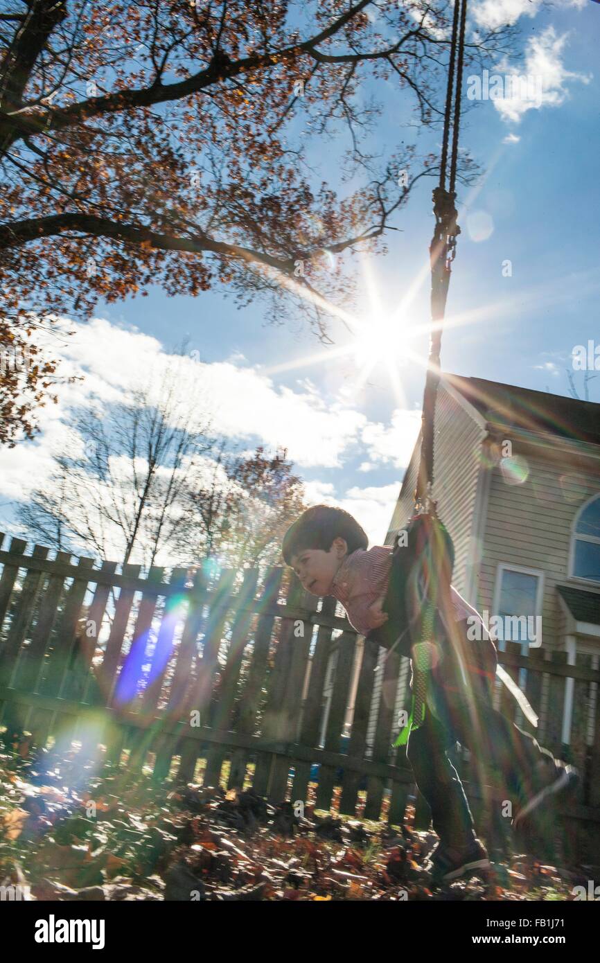 Low angle side view of boy playing on swing in garden Stock Photo - Alamy