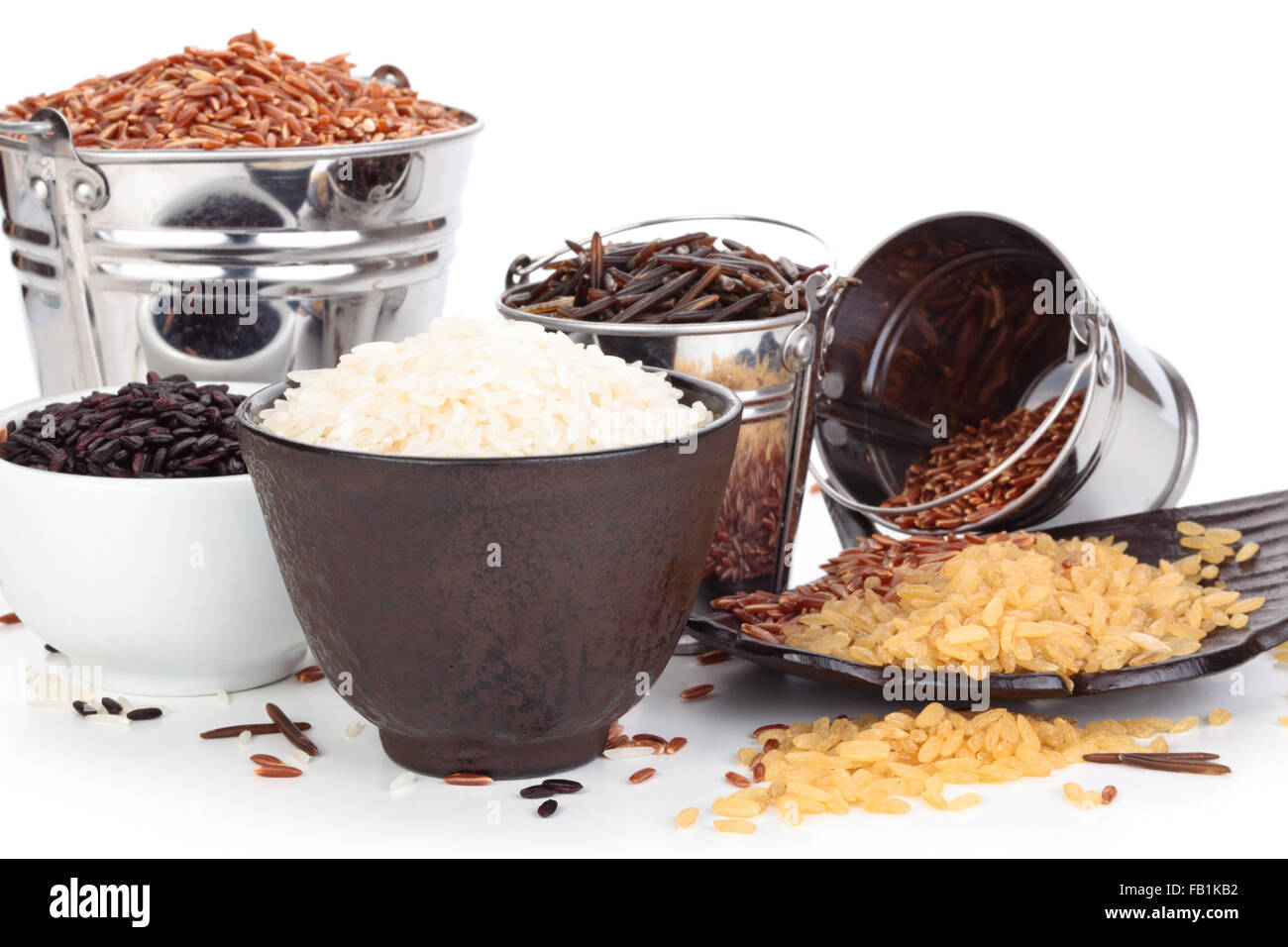 Different kinds of rice in buckets and pots Stock Photo - Alamy