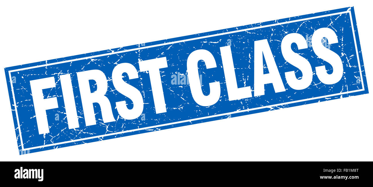 first class blue square grunge stamp on white Stock Photo - Alamy