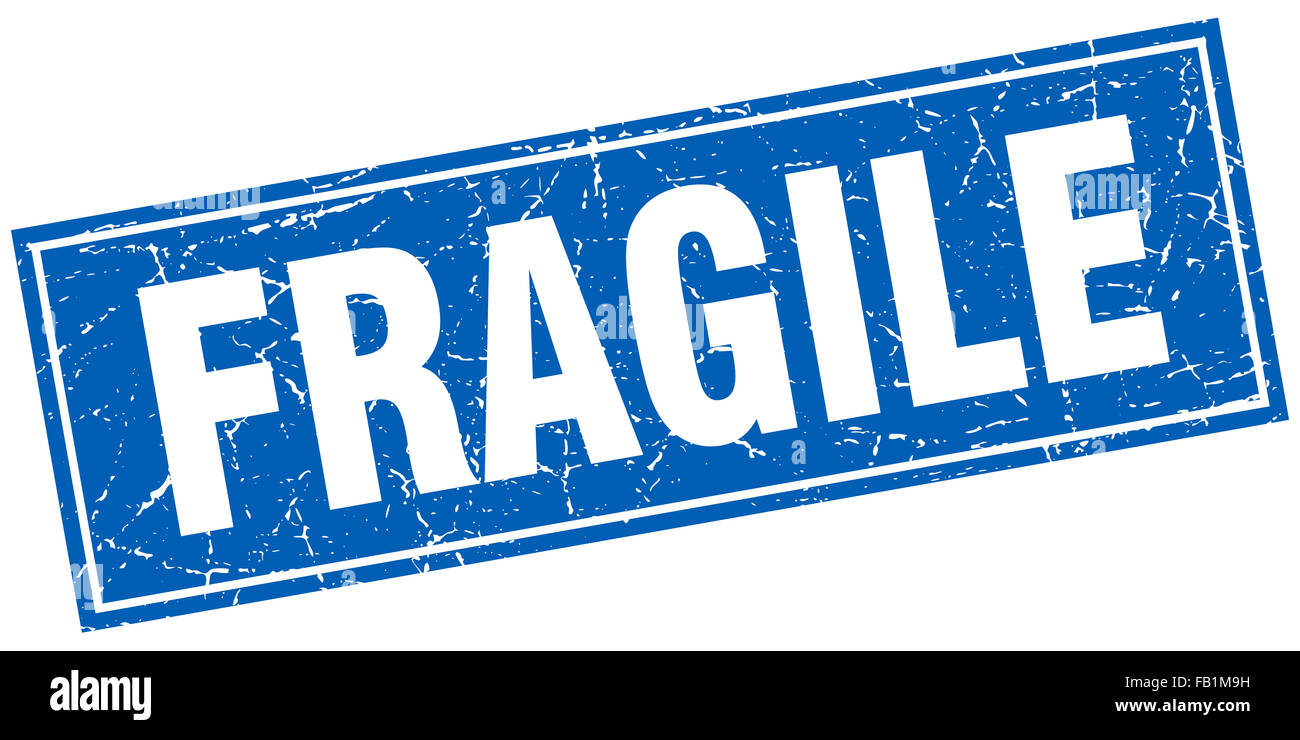 fragile blue square grunge stamp on white Stock Photo - Alamy