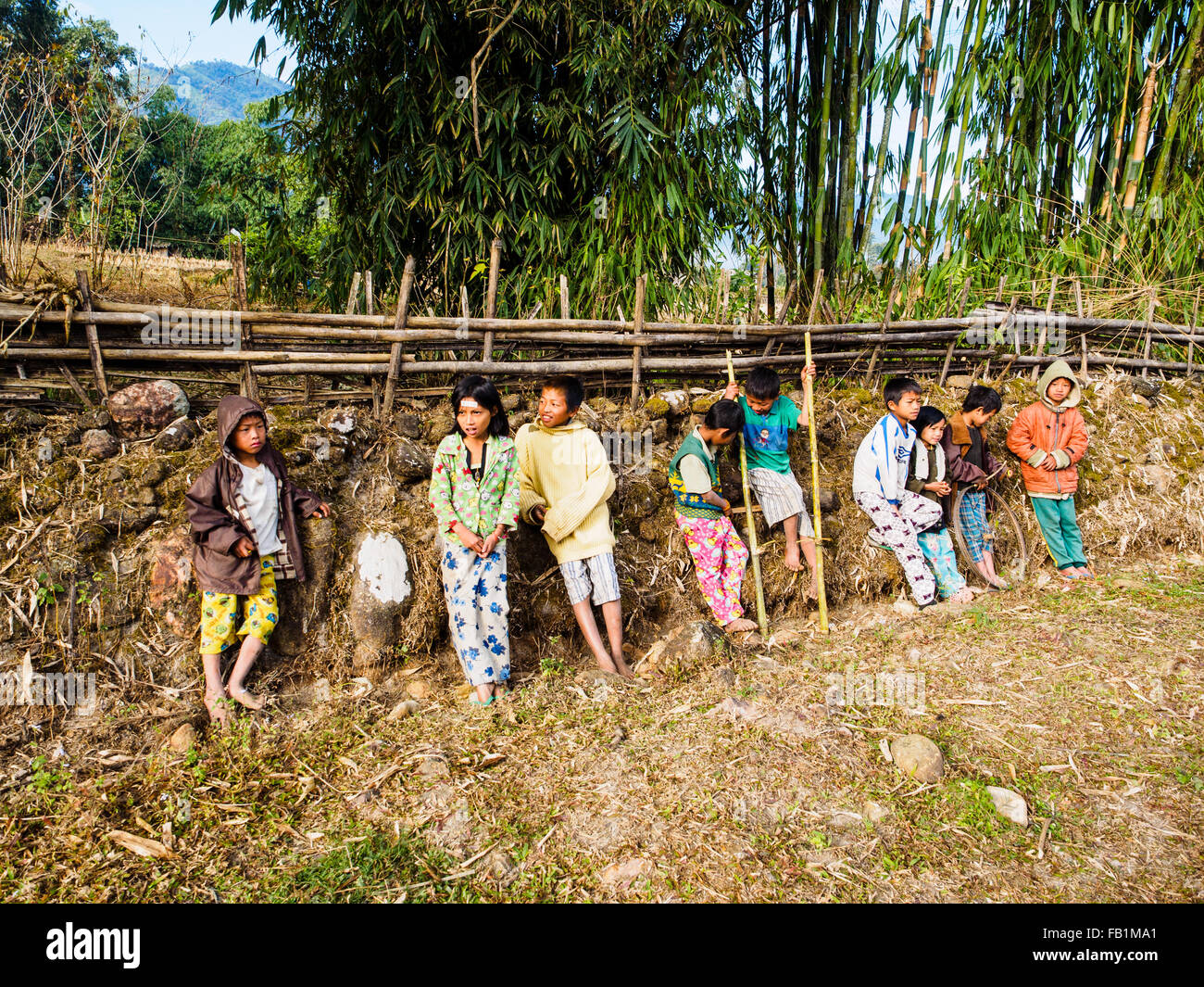 Lisu kids playing together in the morning, Northern Myanmar Stock Photo ...