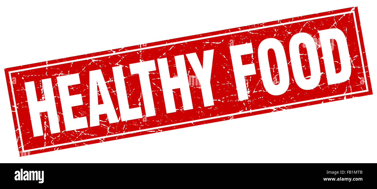 healthy food red square grunge stamp on white Stock Photo - Alamy