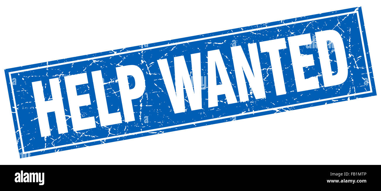 help wanted blue square grunge stamp on white Stock Photo - Alamy