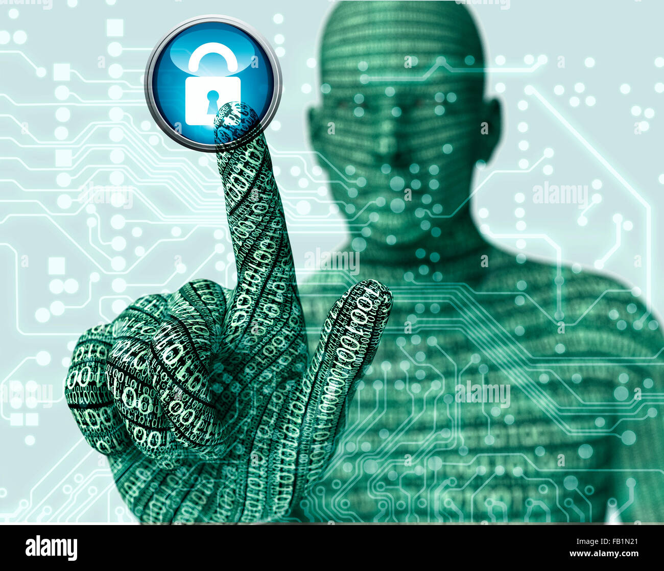 electronic man pressing virtual computer screen Stock Photo - Alamy