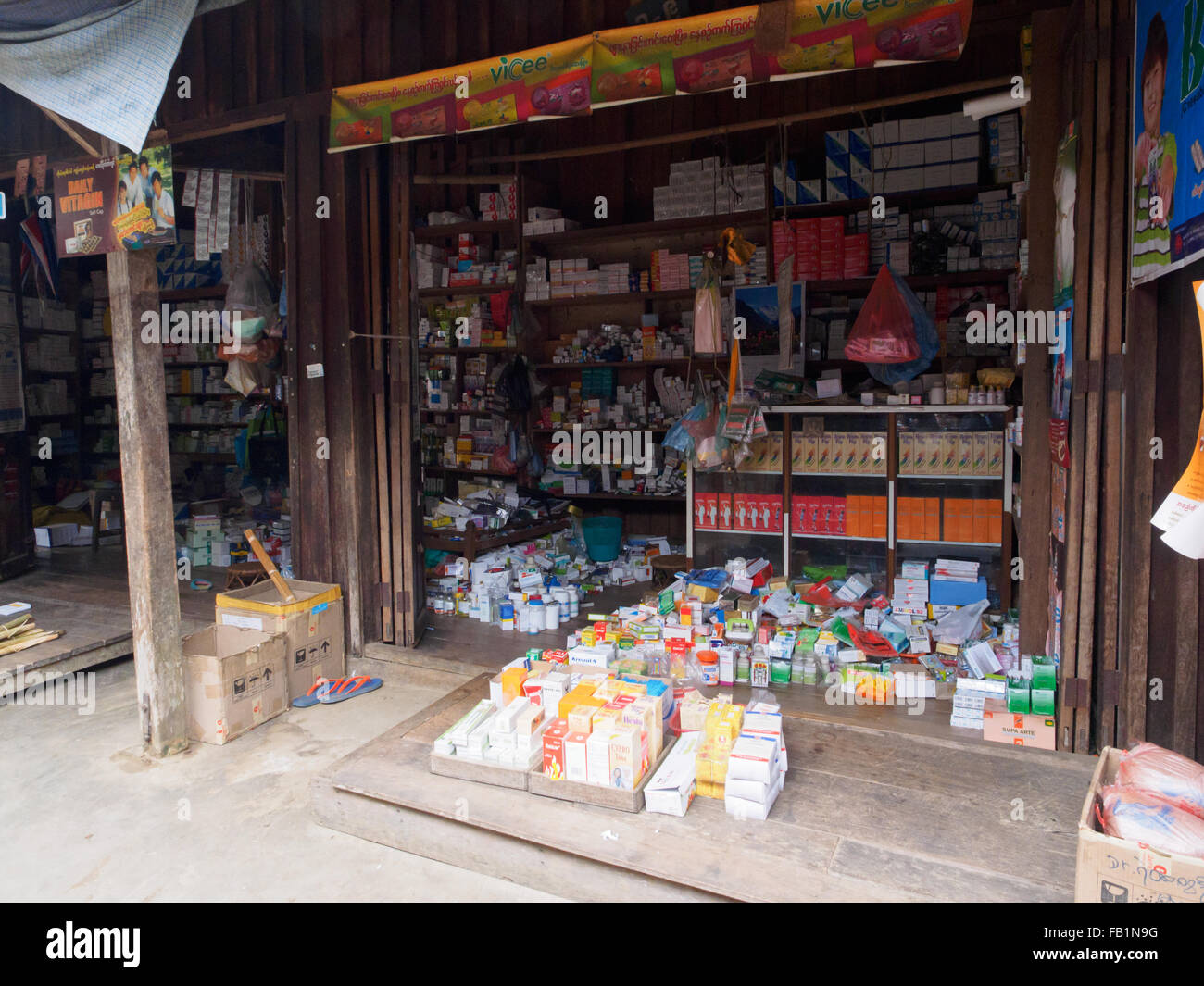 A drug store in the market of Putao town, Northern Myanmar Stock Photo ...