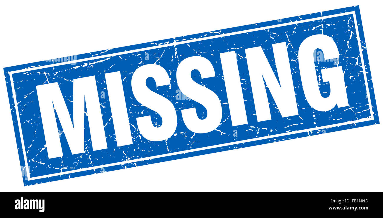 missing blue square grunge stamp on white Stock Photo - Alamy