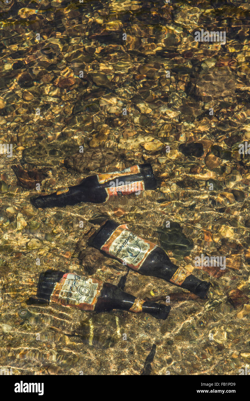 Three empty beer bottles discarded on the bed of a freshwater river ...
