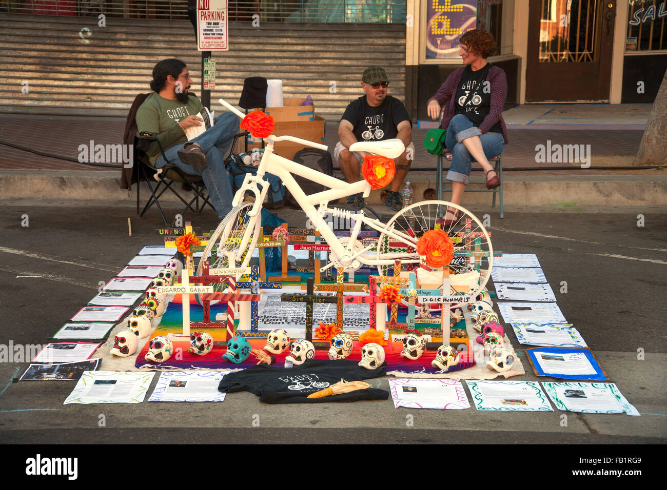 A stylized bicycle decorates an "Ghost Bike" altar honoring dead ...