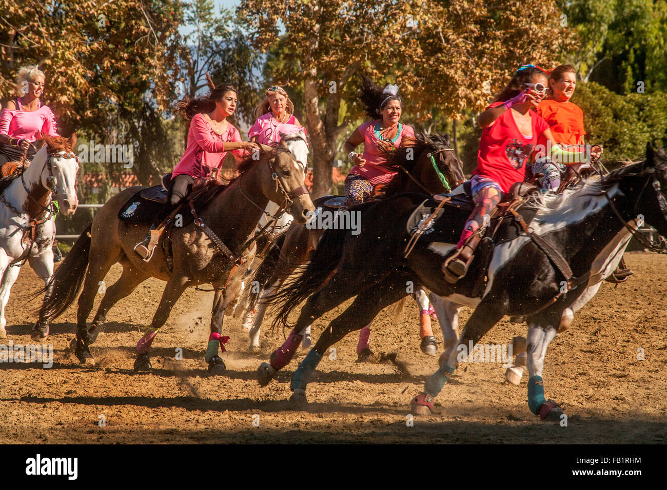 Multiracial adult women ride their horses at full gallop at an ...