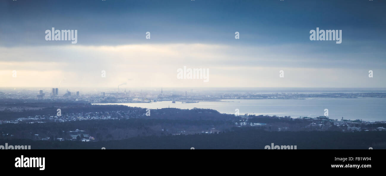 Panoramic skyline of Tallinn city, Baltic sea coast, Estonia. Blue ...
