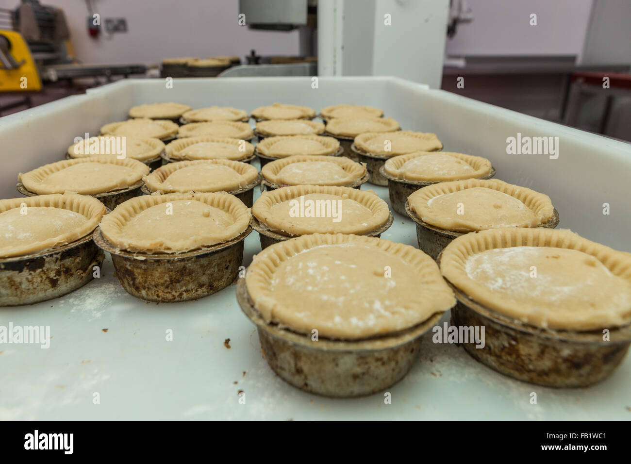 Freshly made pies ready to be cooked on a tray Stock Photo - Alamy