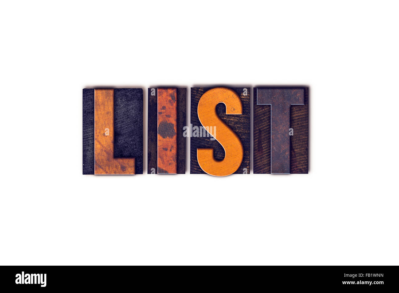 The word "List" written in isolated vintage wooden letterpress type on ...