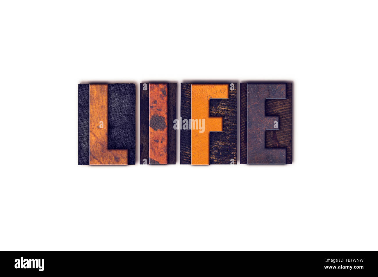 The word "Life" written in isolated vintage wooden letterpress type on ...