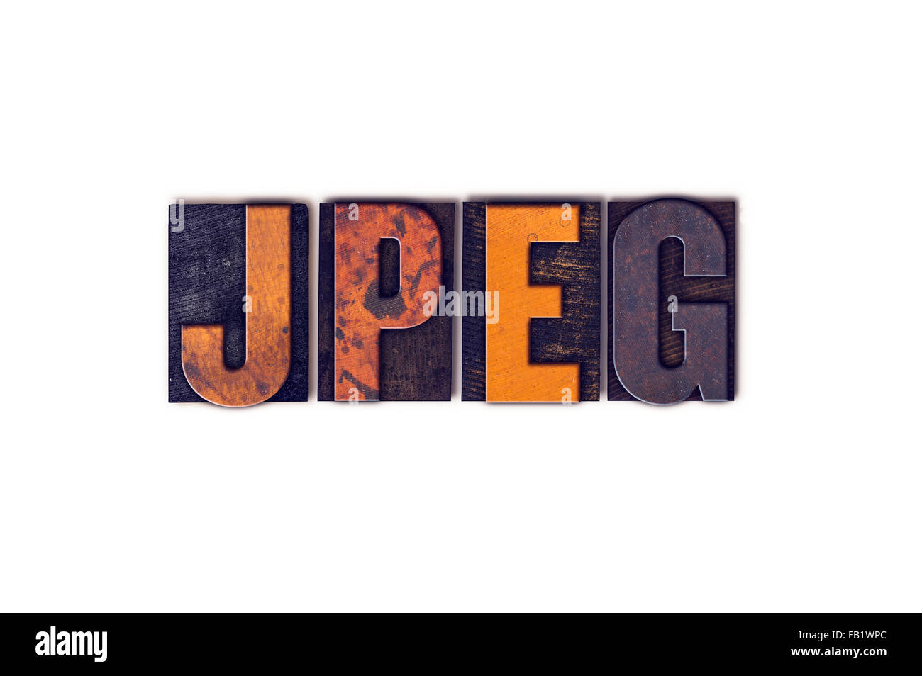 The word "JPEG" written in isolated vintage wooden letterpress type on ...