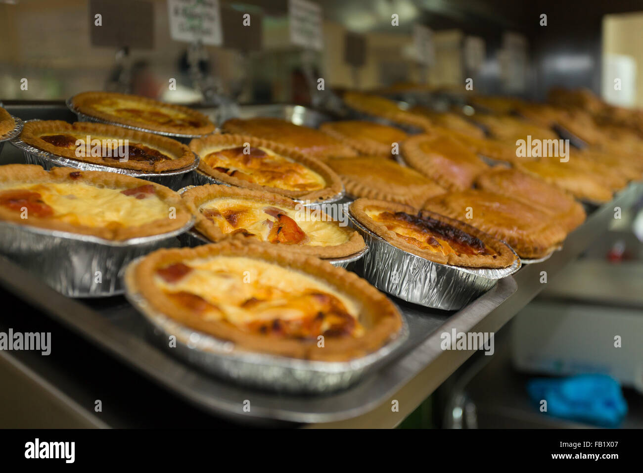 Various pies on display in a butchers shop ready for sale Stock Photo ...