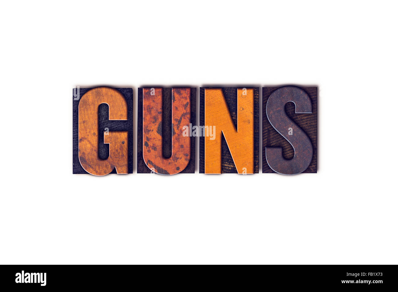 The word "Guns" written in isolated vintage wooden letterpress type on ...