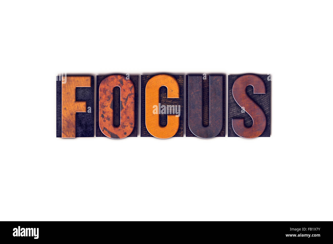 The word "Focus" written in isolated vintage wooden letterpress type on ...