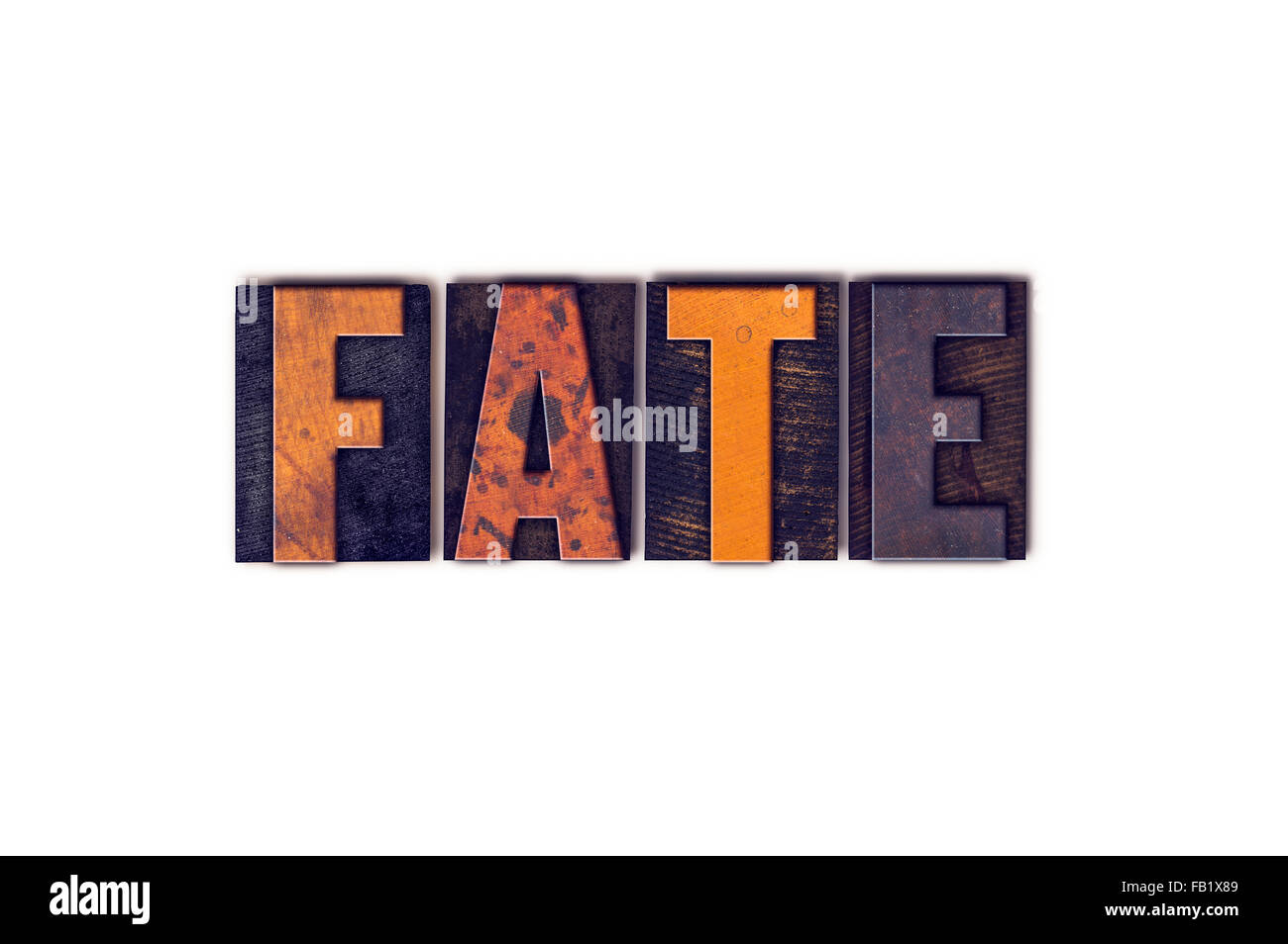 The word "Fate" written in isolated vintage wooden letterpress type on ...