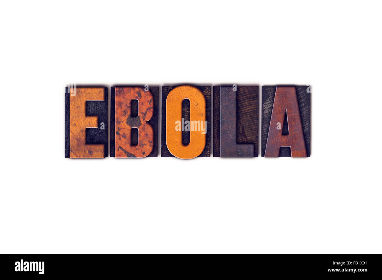 The word "Ebola" written in isolated vintage wooden letterpress type on ...