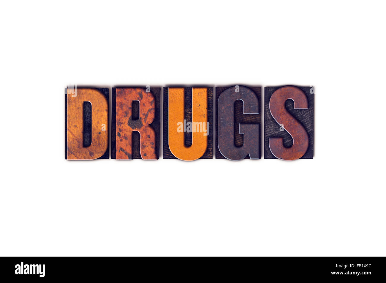 The word "Drugs" written in isolated vintage wooden letterpress type on ...