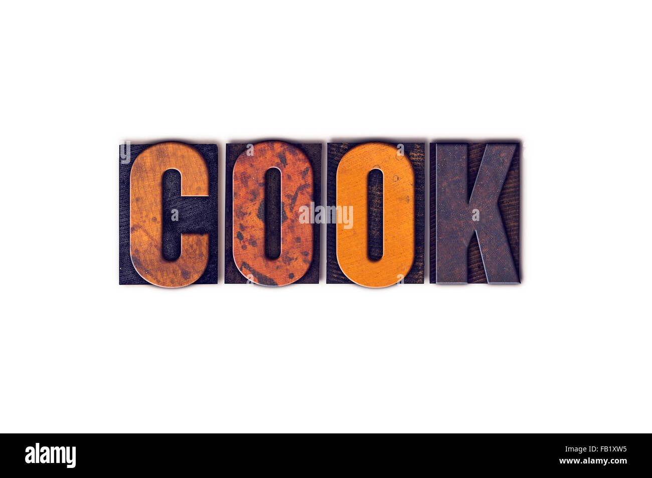 The word "Cook" written in isolated vintage wooden letterpress type on ...