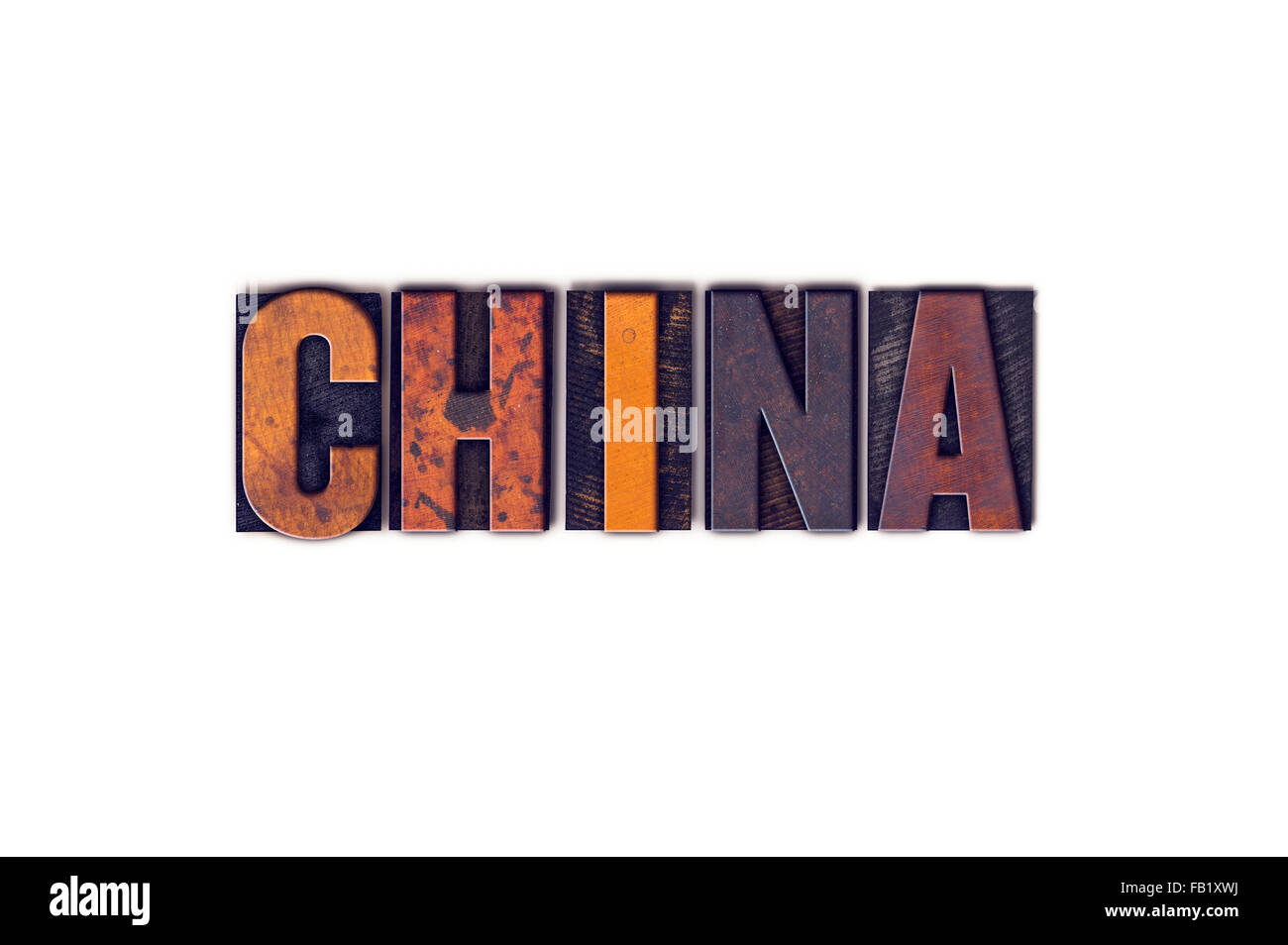 The word "China" written in isolated vintage wooden letterpress type on ...