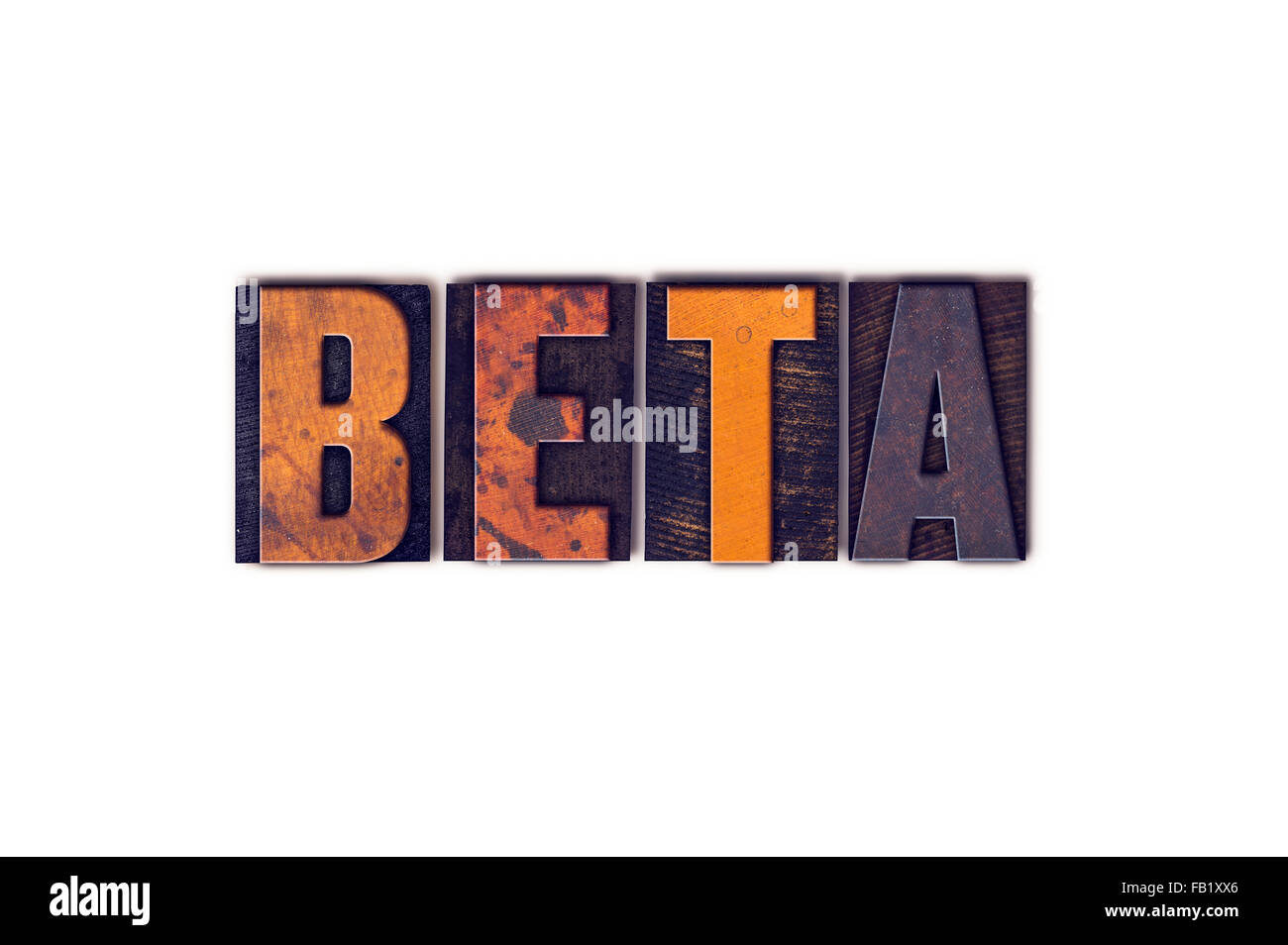 The word "Beta" written in isolated vintage wooden letterpress type on a white background Stock ...