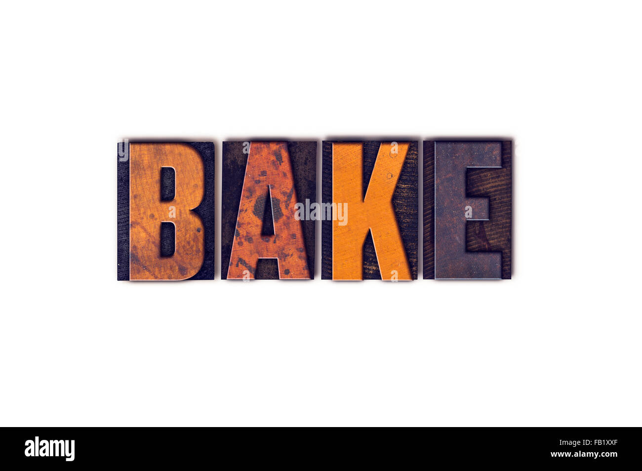 The word "Bake" written in isolated vintage wooden letterpress type on ...