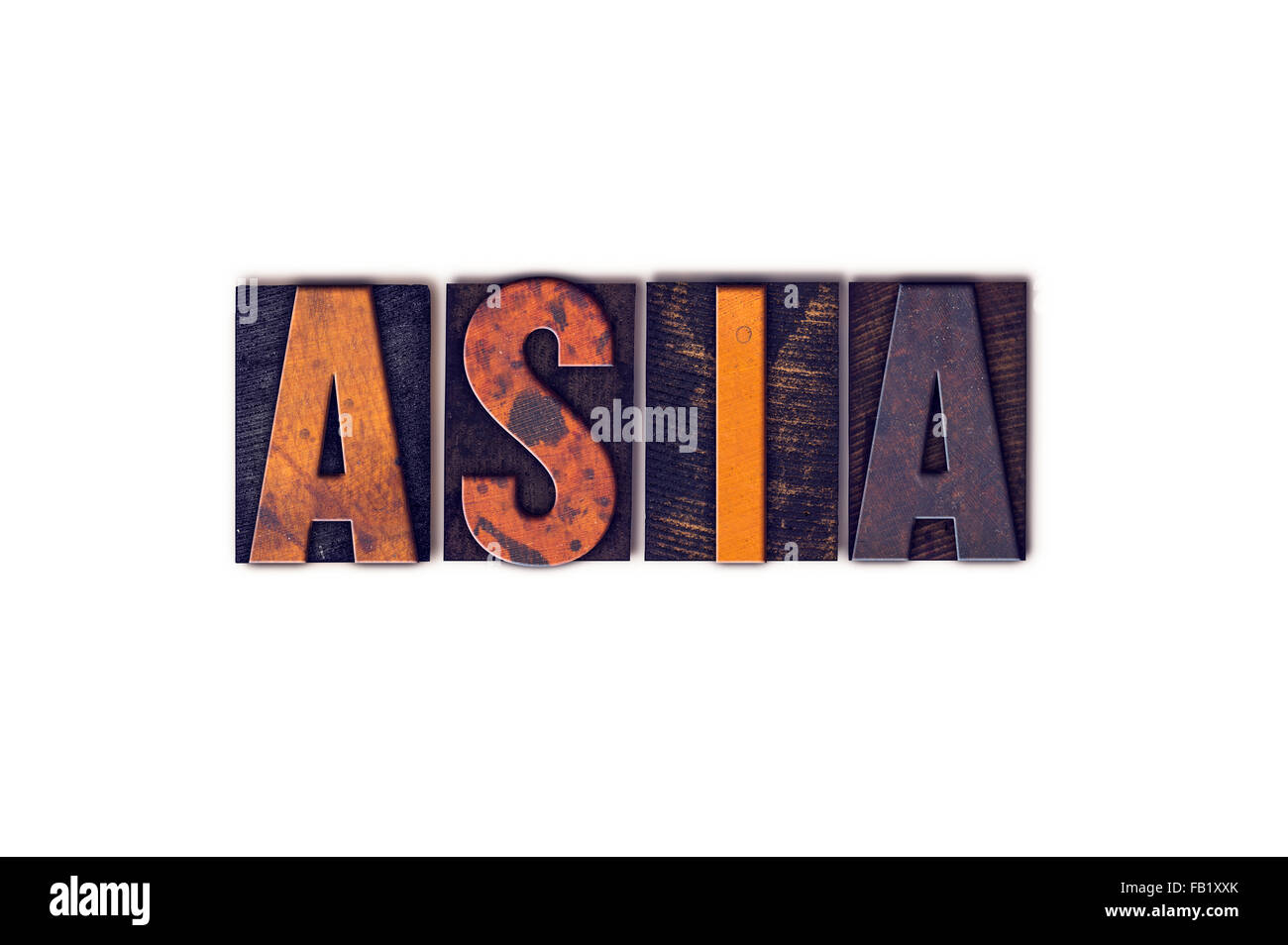 The word "Asia" written in isolated vintage wooden letterpress type on ...