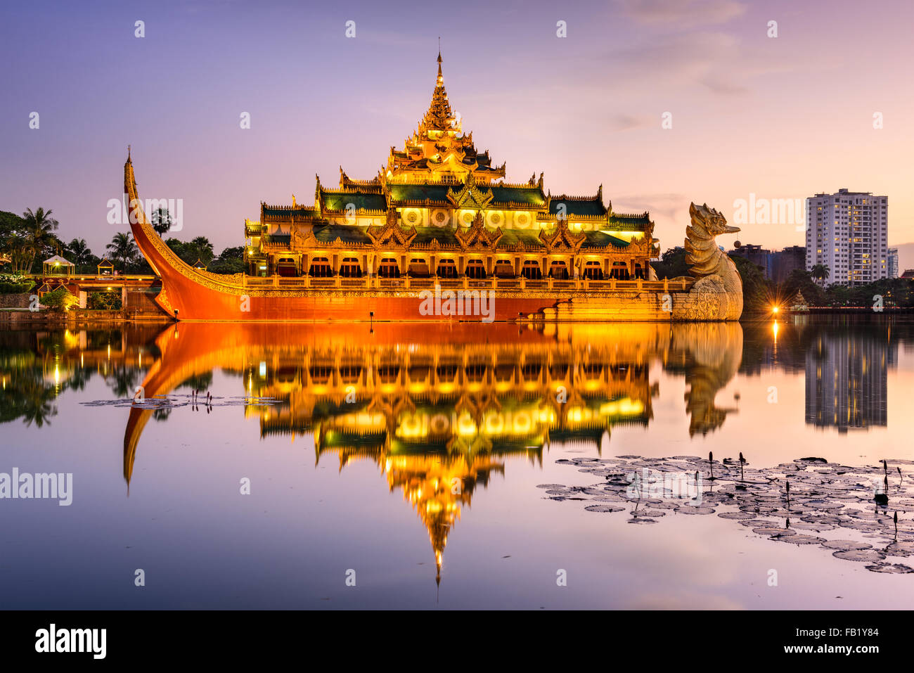 Yangon, Myanmar at Karaweik Palace in Kandawgyi Royal Lake Stock Photo ...