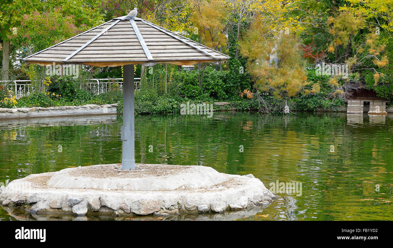 umbrella in the pond of a recreational area in the city of Coslada in ...