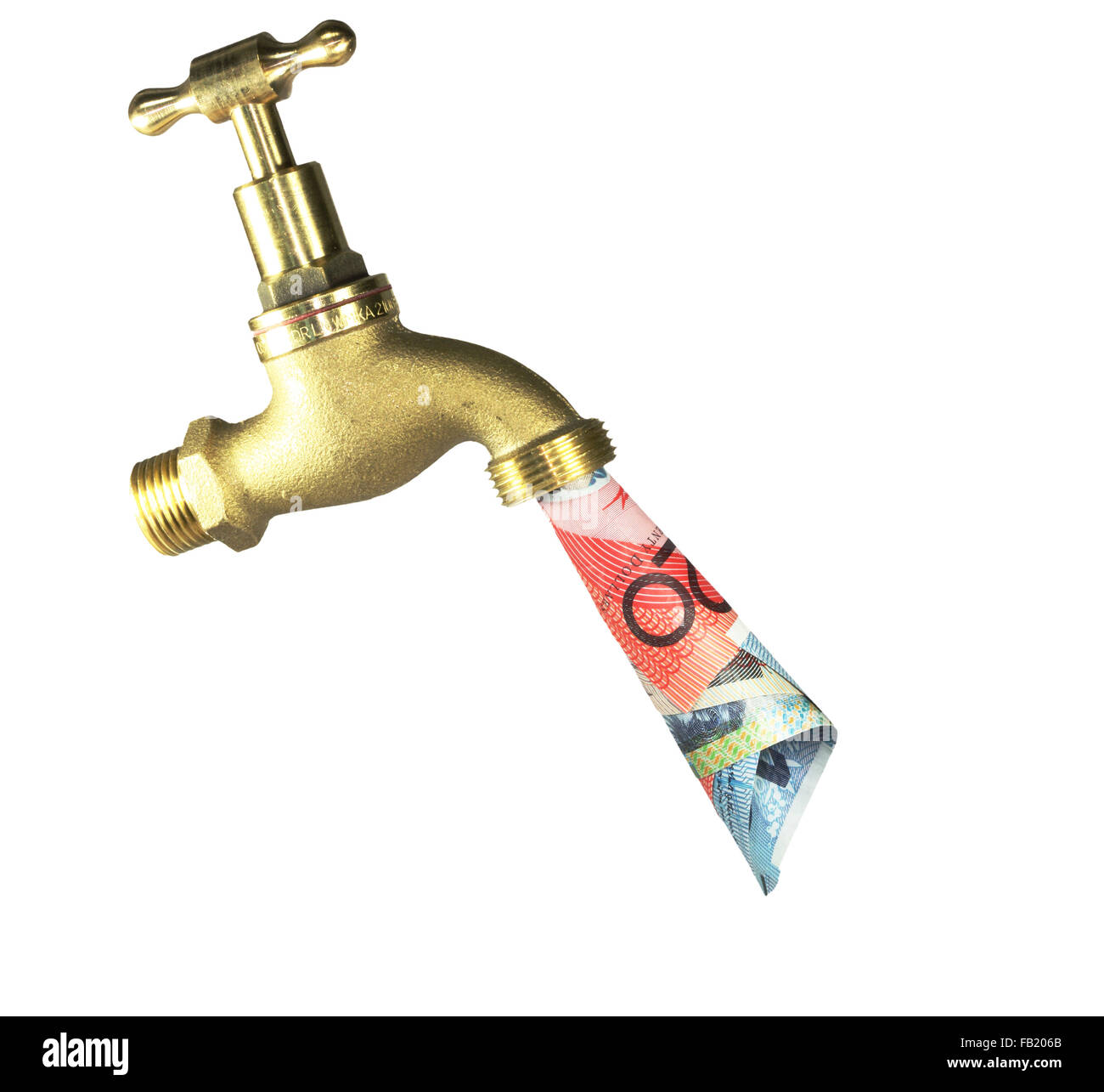 a brass tap with notes on a white background Stock Photo - Alamy