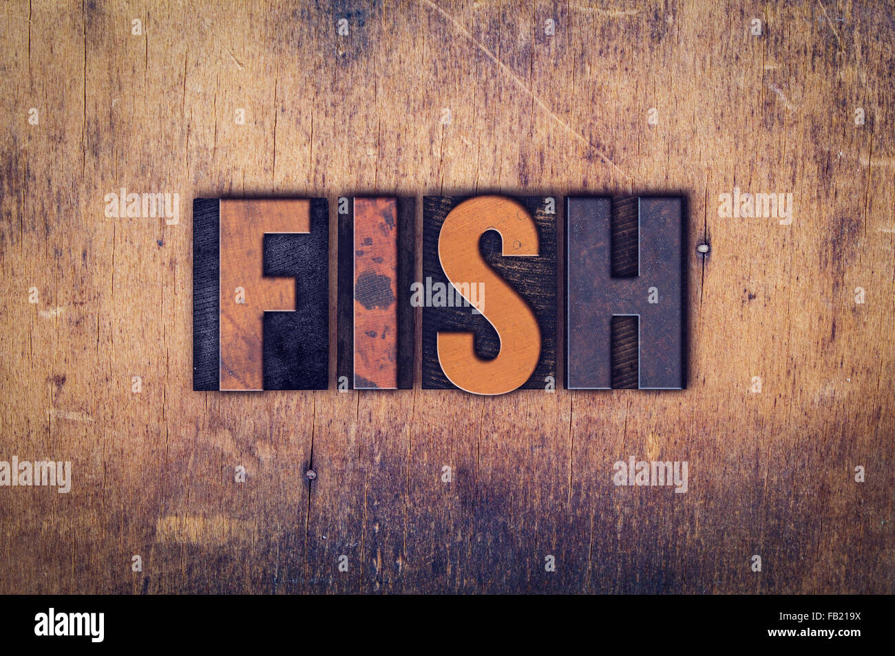 The word "Fish" written in dirty vintage letterpress type on a aged ...