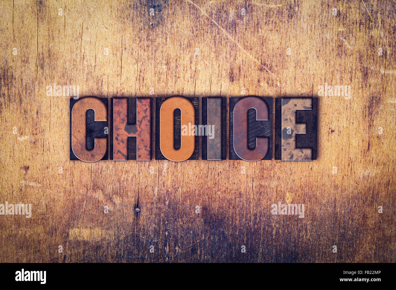 The word "Choice" written in dirty vintage letterpress type on a aged ...