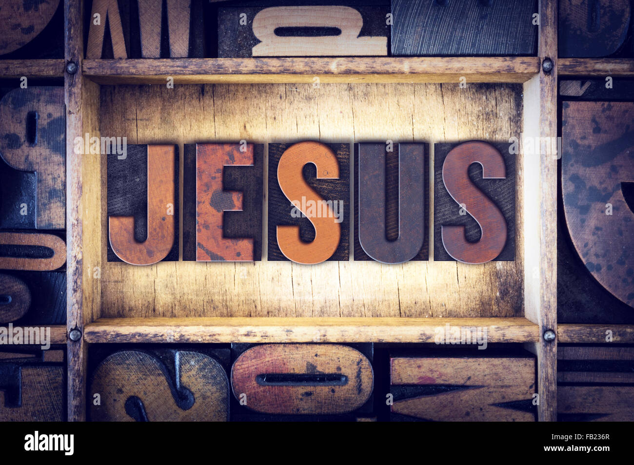 The word "Jesus" written in vintage wooden letterpress type Stock Photo ...