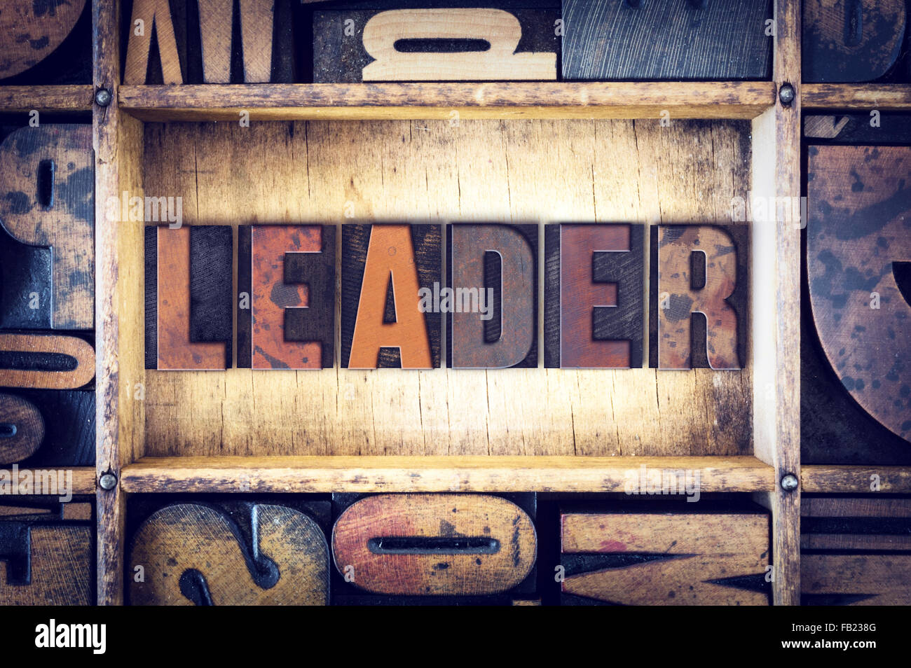The word "Leader" written in vintage wooden letterpress type Stock ...