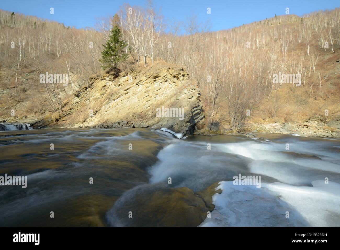 The rapids of the river in late autumn, Sakhalin Island, Russia Stock ...