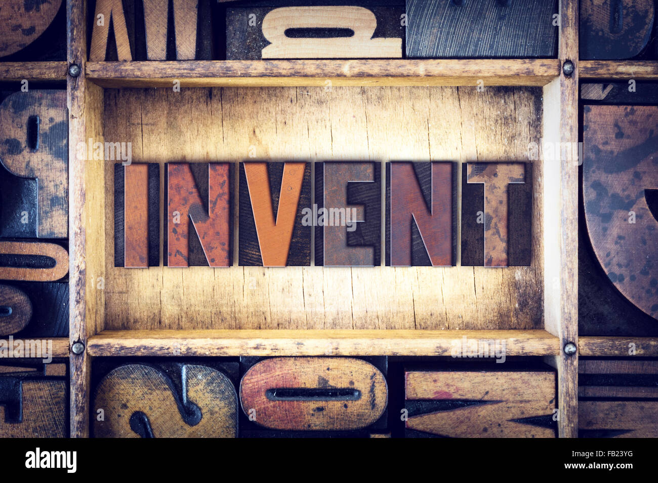 The word "Invent" written in vintage wooden letterpress type Stock ...