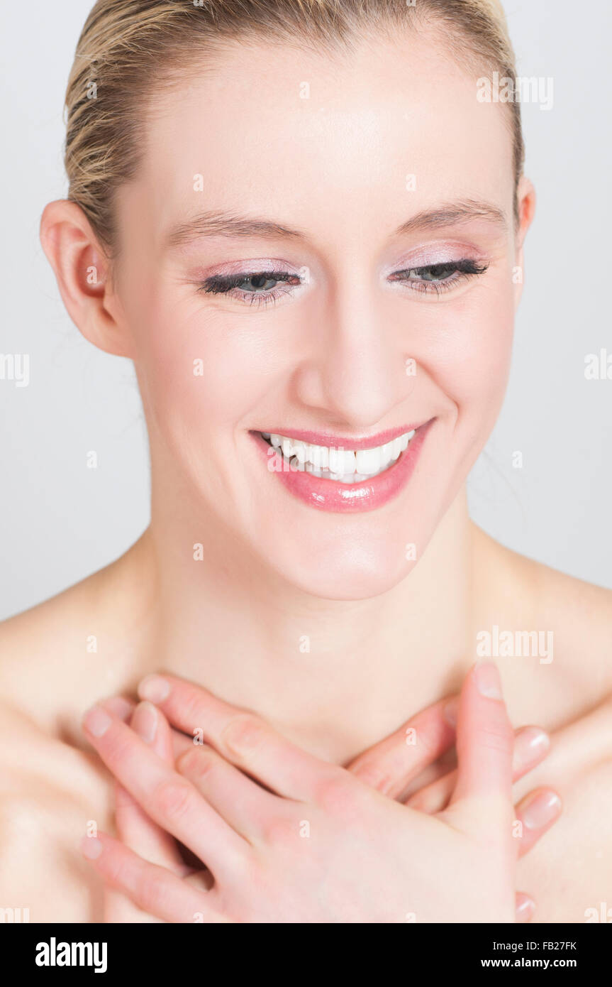 Woman chest touch health hi-res stock photography and images - Alamy